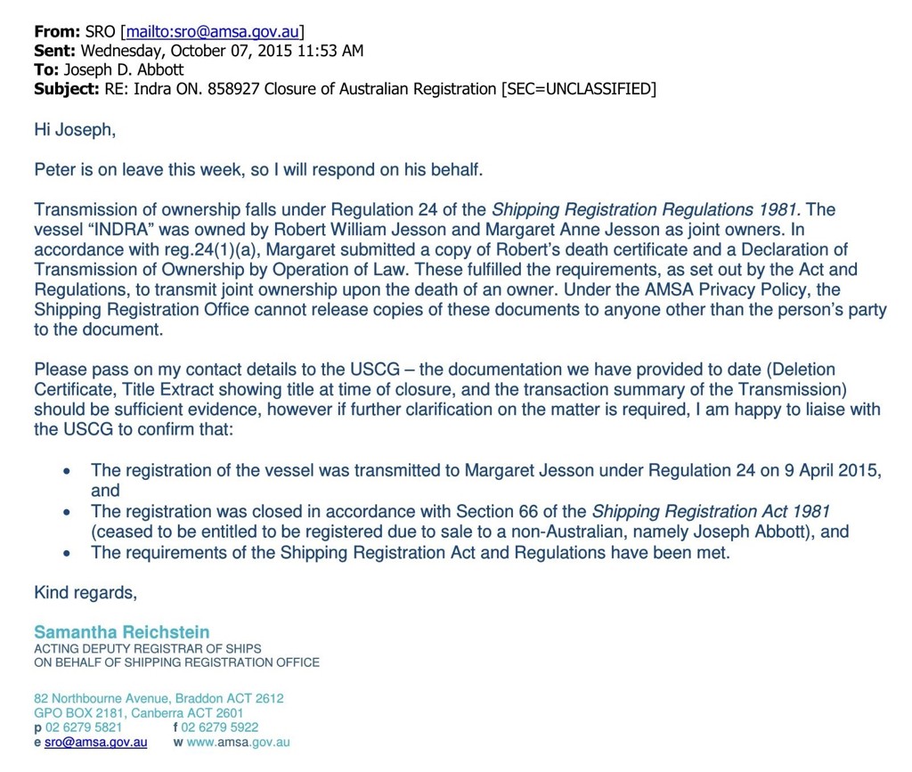 USCG Certificate of Documentation 6th Rejection Notice - Dove Free Spirit